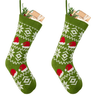 Set of 2 Traditional Green Santa Hats Chunky Knit Xmas Gift Decoration ...