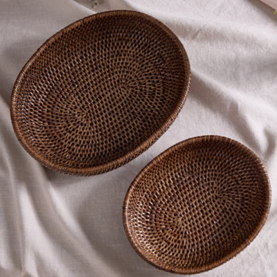 Set of 2 Traditional Natural Rattan Classic Rounded Kitchen Baskets