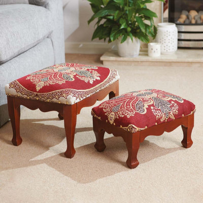 Set of 2 Upholstered Nesting Footstools Decorative Woven Design Deeply Padded Foot Stools with Mahogany Stained