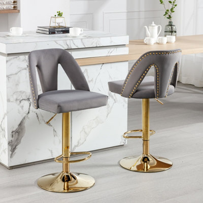 Set of 2 Velvet Upholstered Swivel Bar Stools with M shaped Back and Golden Steel Base
