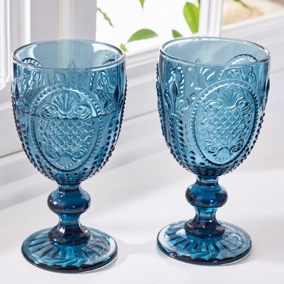 Set of 2 Vintage Blue Drinking Wine Glass Goblets Wedding Decorations ...
