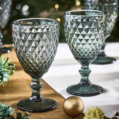 Set of 2 Vintage Grey Diamond Embossed Drinking Wine Glass Goblets ...