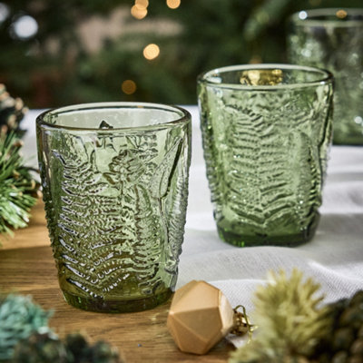 Set of 2 Vintage Luxury Green Leaf Embossed Drinking Glass Tumblers 260ml