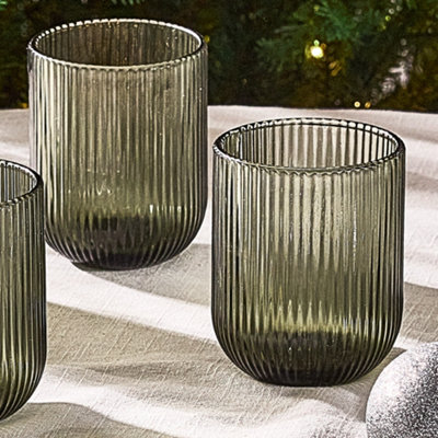 Set of 2 Vintage Luxury Grey Ribbed Short Drinking Glass Whisky Glass ...