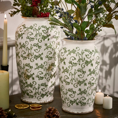Set of 2 Vintage Luxury Irina Green Botanical Flower Urn Vase