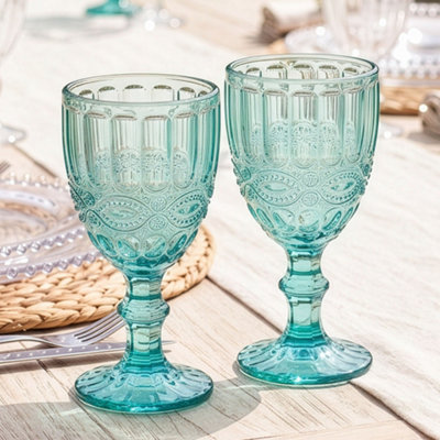 Set of 2 Vintage Luxury Turquoise Drinking Glass Wine Goblets Wedding ...