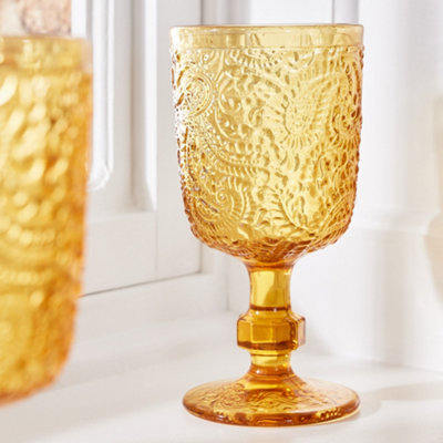 Set of 2 Vintage Luxury Yellow Embossed Drinking Goblet Wine Glasses 300ml
