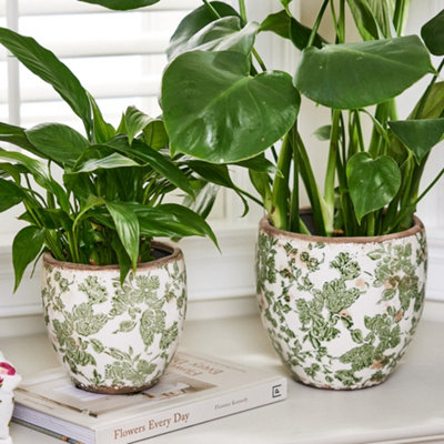 Set of 2 Vintage Style Small & Large Ceramic Botanical Indoor Outdoor ...
