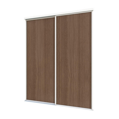 Set of 2 Walnut Sliding Wardrobe Door Kit in White Frame & Tracks ...