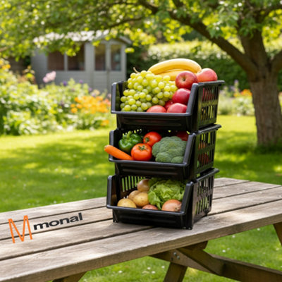 Set of 3 - 18cm Plastic Stacking Storage Baskets - Black