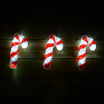 Set of 3 24cm Acrylic Festive Christmas Candy Canes with 60 Cool White ...