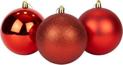 Set of 3 - 25cm Red Christmas Baubles (Glossy, Matte, Glitter) Décor Pack