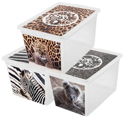 Set of 3 30 Litre Printed Animal Save Me Boxes Strong Stackable Storage ...
