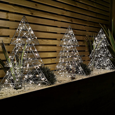 Set of 3 50cm Light up Iron Christmas Tree Garden Stake Lights with ...