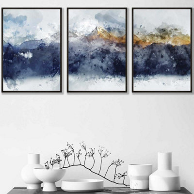 Set of 3 Abstract Navy Blue and Yellow Mountains Wall Art Prints ...