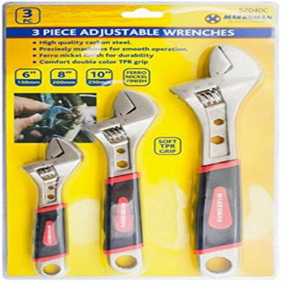 Set Of 3 Adjustable Plumbing Spanner 6" 8" 10" Grip Pipe Diy Steel ...