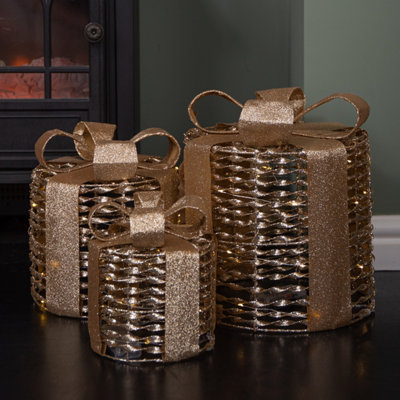 SET OF 3 BATTERY OPERATED GOLD CHRISTMAS GLITTER TWIST GIFT BOXES WITH ...