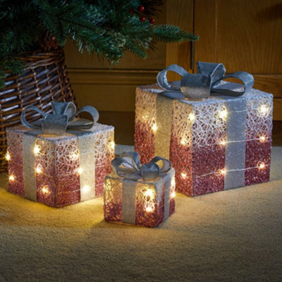 Set of 3 Battery Operated Pink Sparkly Christmas Gift Boxes with LEDs ...
