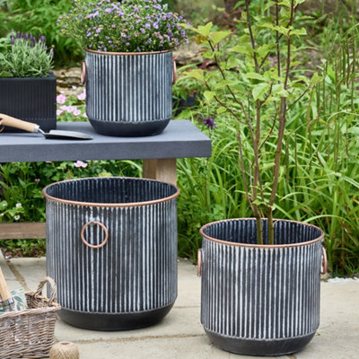 Set of 3 Black and Copper Ribbed Flower Plant Pots Outdoor Garden Planters