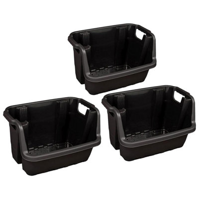Set Of 3 Black Heavy Duty Open Fronted Stacking Crates For Storage ...