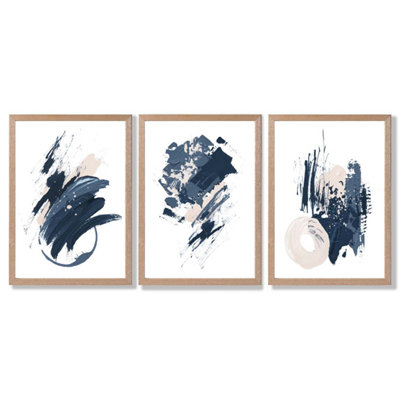 Set of 3 Blue Abstract Minimal Wall Art Prints / Size: A2 / Oak Frame
