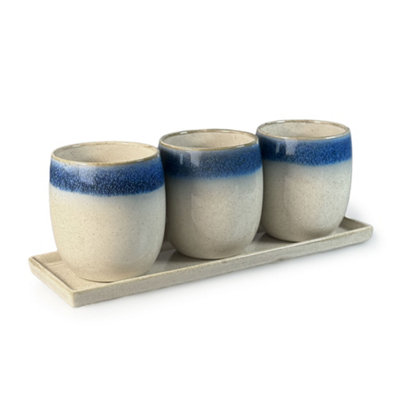 Set of 3 Blue and Cream Reactive Glaze Ceramic Planters with Tray | DIY ...