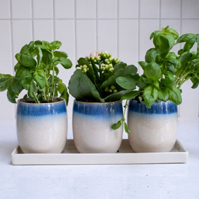 Set of 3 Blue and Cream Reactive Glaze Ceramic Planters with Tray | DIY ...