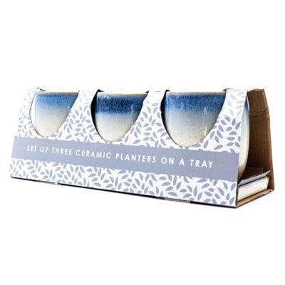 Set of 3 Blue and Cream Reactive Glaze Ceramic Planters with Tray