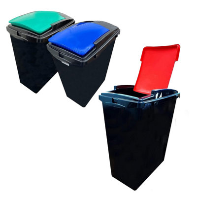 Set Of 3 (Blue, Green & Red) Large Black Base 40L Utility Recycling ...