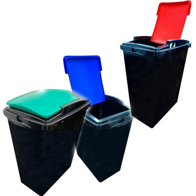 Set of 3 - Blue Green & Red Lid 40 Litre Black Plastic Recycling Bins ...