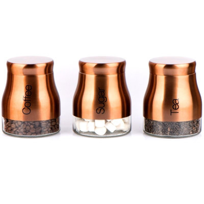 Set Of 3 Copper Storage Canisters Tea Coffee Sugar Jars Pots Food ...