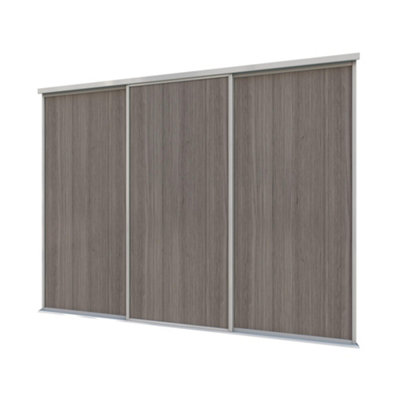 Set of 3 Dark Oak Sliding Wardrobe Door Kit in Silver Frame & Tracks ...