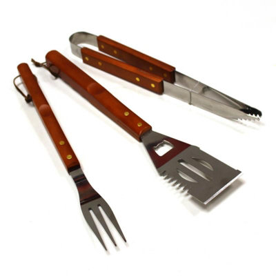 Set of 3 Deluxe 45cm Barbecue / BBQ Tools with Wooden Handles