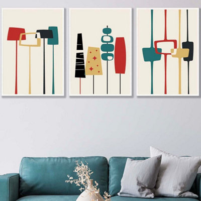Set of 3 Framed Mid Century Modern in Teal, Red and Yellow / 50x70cm ...