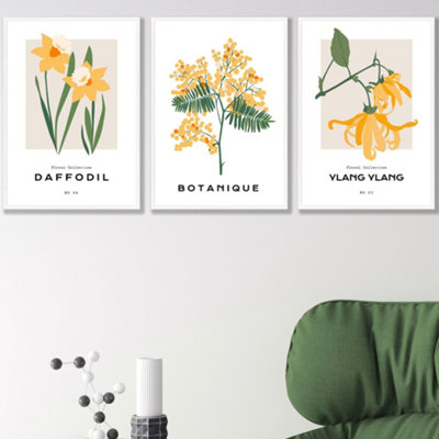 Set of 3 Framed Vintage Graphical Yellow Spring Flower Market / 42x59cm ...