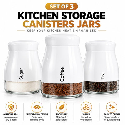 Set of 3 Glass Kitchen Storage Canisters with Screw Lid, Airtight Jars ...
