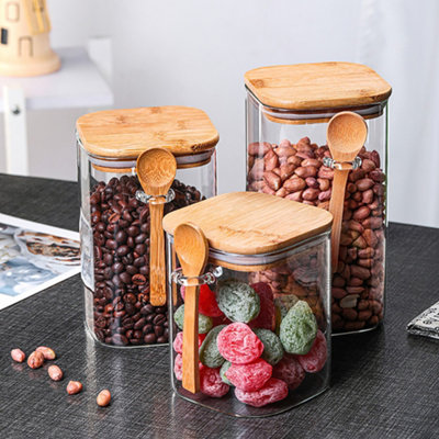 Set of 3 Glass Storage Jars with Bamboo Spoons and Lids 3 Sizes