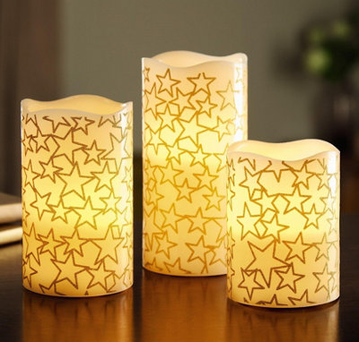 Set of 3 Glittery Gold Star Real Wax LED Candles - Battery Powered Faux ...