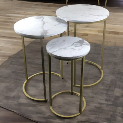Set Of 3 Gold Nesting Tables With Faux Marble Top