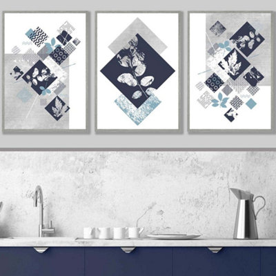 Set of 3 Graphical Abstract Floral Navy Blue Grey Wall Art Prints ...