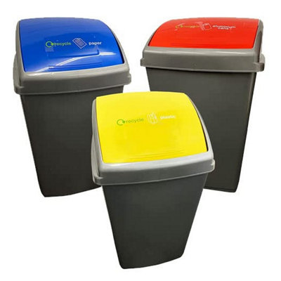 Set of 3 Large 50 Litre Grey Base Home Kitchen Recycling Bins With ...
