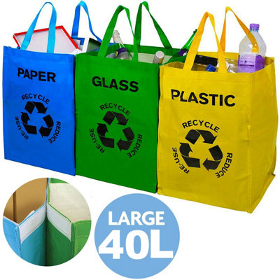 Set of 3 Large Recycling Bags Bin 40L - Paper Glass Plastic Waste Bin ...