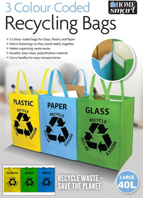 Set of 3 Large Recycling Bags Bin 40L - Paper Glass Plastic Waste Bin ...
