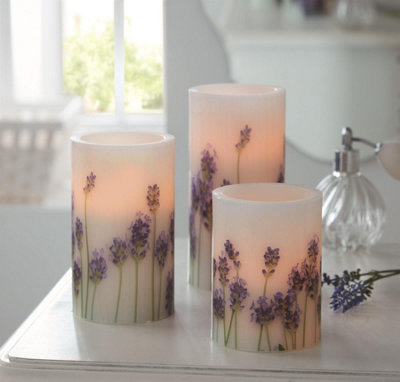 Set of 3 Lavender Floral Design LED Candles - Flame Free Real Wax ...