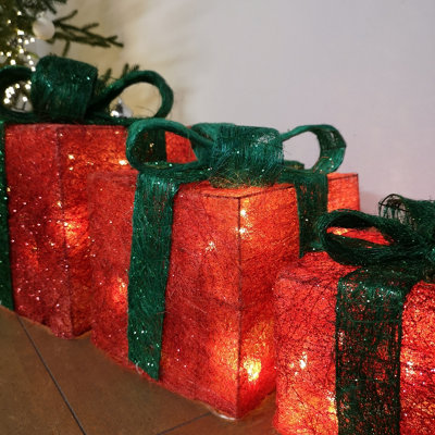 Set of 3 LED Battery Powered Light Up Christmas Present Boxes in Red ...