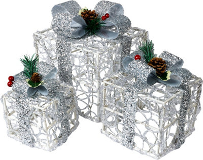Set of 3 LED Festive Silver Light Up Indoor/Outdoor Christmas Boxes ...