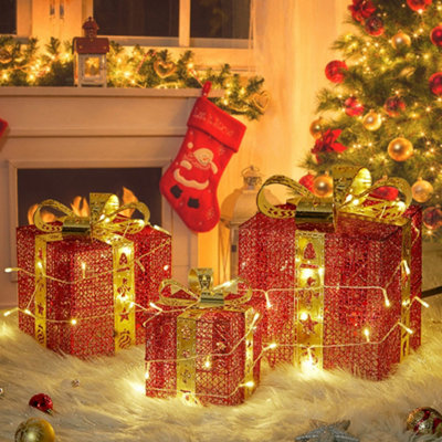 Set of 3 LED Light Up Christmas Gift Box Glitter Party Xmas Tree Decor ...