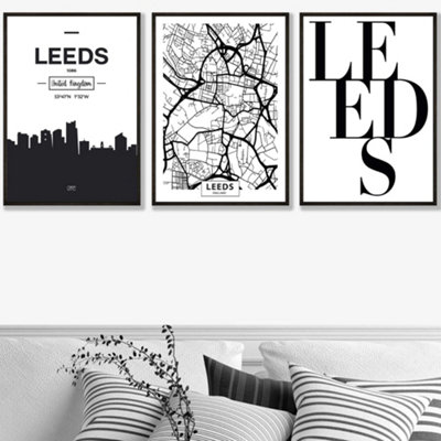 Set of 3 LEEDS Skyline Street Map City Prints Wall Art Prints / 50x70cm ...