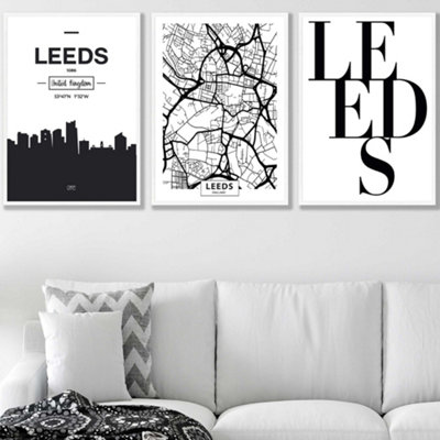 Set of 3 LEEDS Skyline Street Map City Prints Wall Art Prints / 50x70cm ...