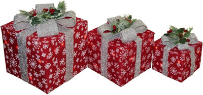 Set of 3 Light Up Christmas Red Sisal Parcels with Silver Bow - With ...